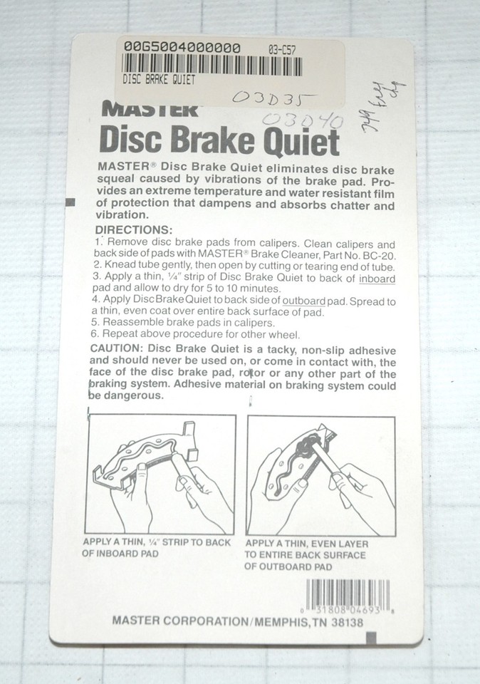 MASTER DISC BRAKE QUIET FOR BRAKE PADS 2 1/4OZ TUBES - DOES 2 SETS OF ...