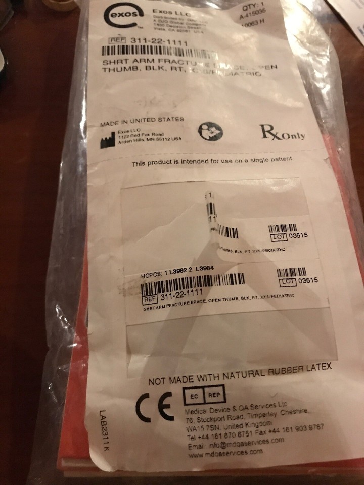 DJO EXOS PED XXS SHORT ARM FRACTURE BRACE - OPEN THUMB 311-22-1111 ...