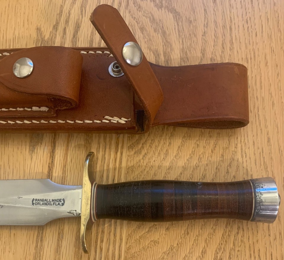 VINTAGE USED RANDALL #2-8 KNIFE W/ ROUGHBACK SHEATH HAS NAME & M.D. N8 ...