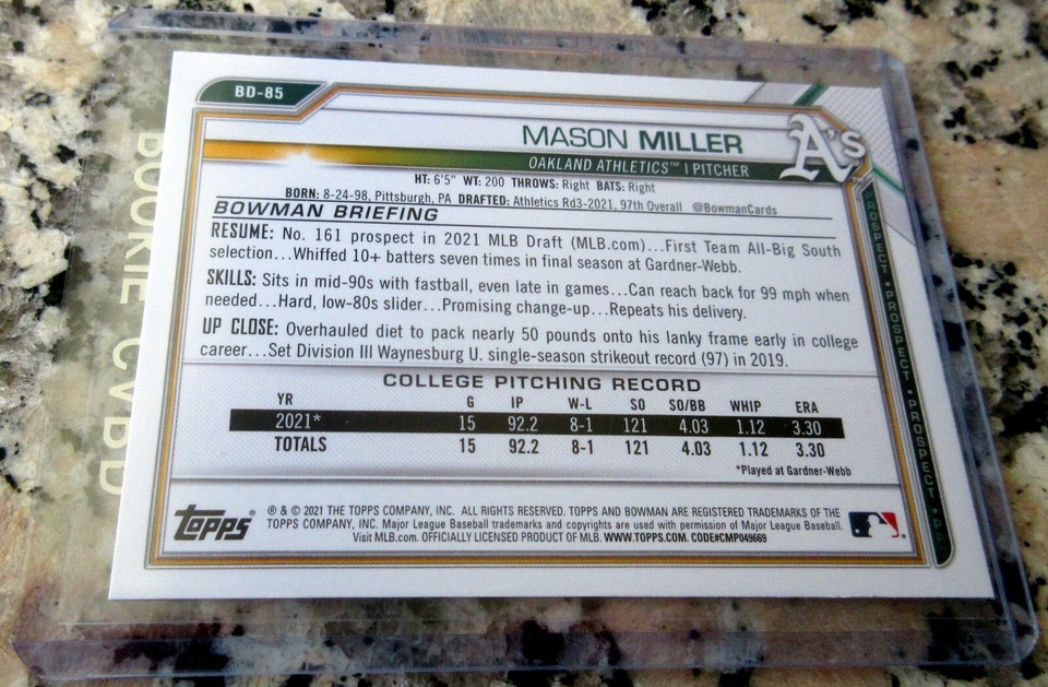 MASON MILLER 2021 Bowman 1st TRUE Rookie Card RC San Diego Padres🔥🔥🔥 ...