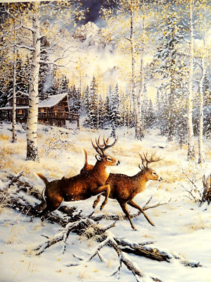DEER BIG BUCK HUNTING LOG CABIN SNOW SCENE UNFRAMED PRINT 16X20 | eBay