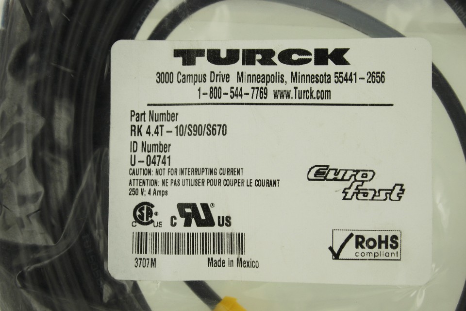 TURCK ELEKTRONIK RK 4.4T-10/S90/S670 U2-07022 EUROFAST MOLDED CORDSET ...