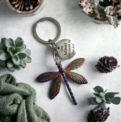 Dragonfly "She Believed She Could So She Did" Keychain Rainbow ...