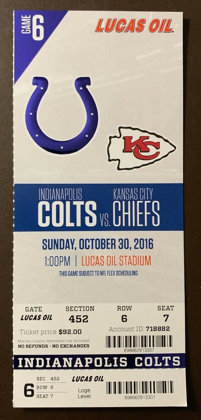Indianapolis Colts 10/30/2016 NFL ticket stub vs Kansas City Chiefs | eBay