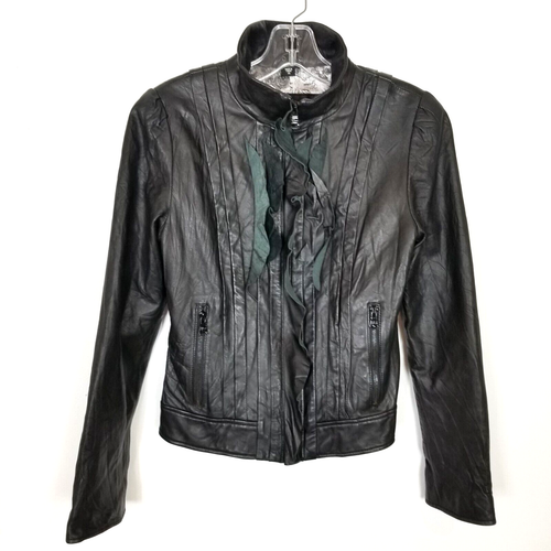 Guess Women 100% Leather Ruffle Front Jacket Sz XS Black Zip Up Short ...