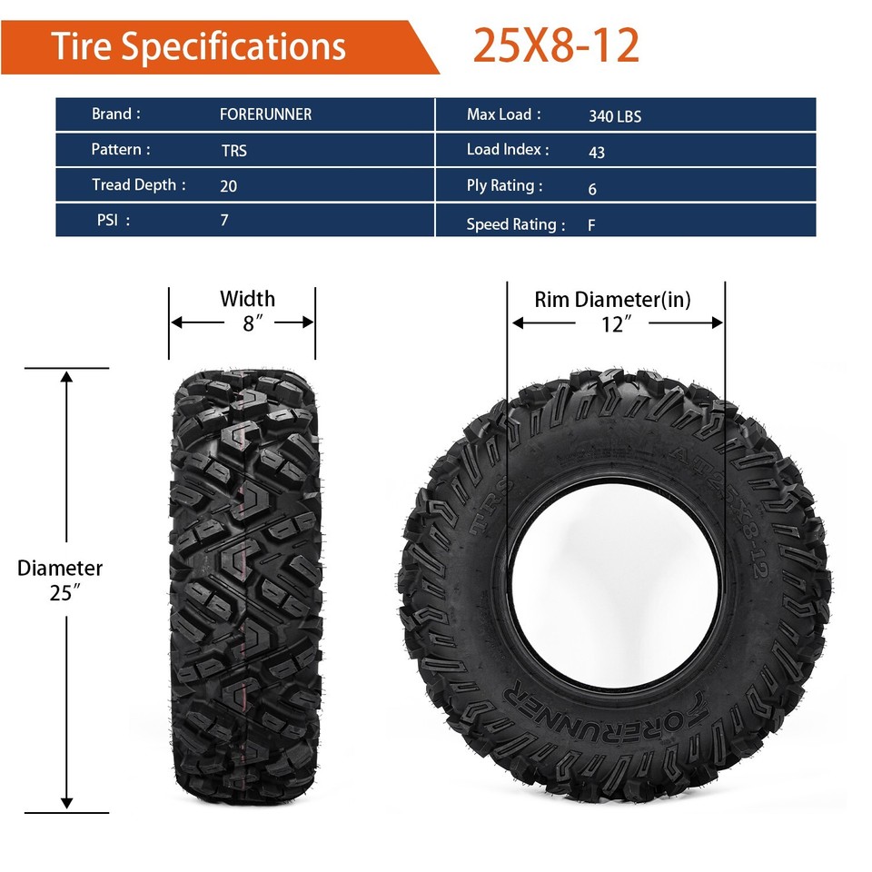 2X 25x8-12 ATV Tires 6 Ply 25x8x12 UTV Tires 25 8 12 Mud All Terrain ...