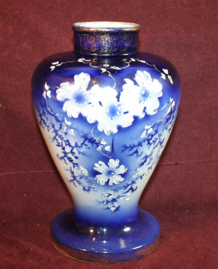 Antique Ironstone Flow Blue Pottery Hand Painted Vase w/ Gold Gilding ...