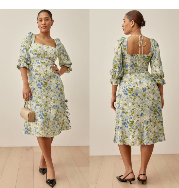 REFORMATION Enid Dress Green Blue Floral Midi ties sm… - Gem