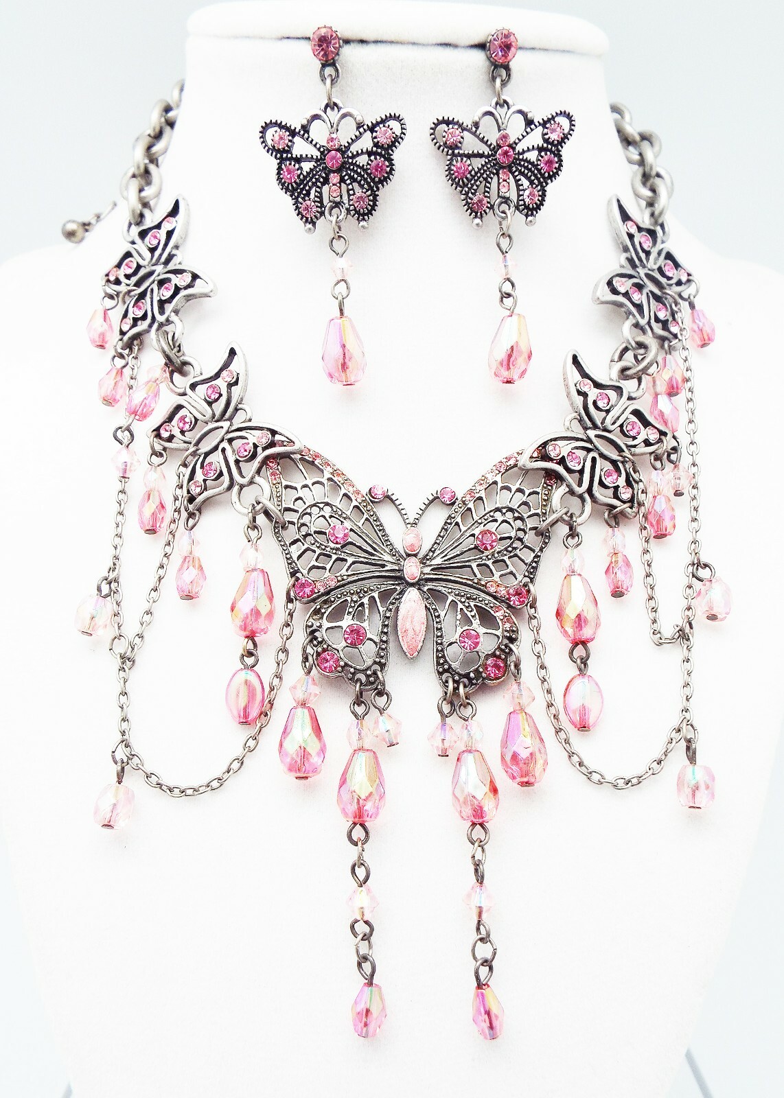 DESIGNER INSPIRED 17 in PINK A/B MULTI CRYSTAL ENAMEL BUTTERFLY ...