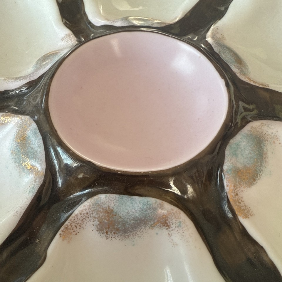 Two’s Company Vintage Oyster Plate Majolica Pink Center Gold Hand ...
