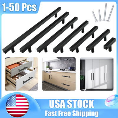 1-50X Modern Matte Black Square T Bar Handle Pull Kitchen/Bath Cabinet ...