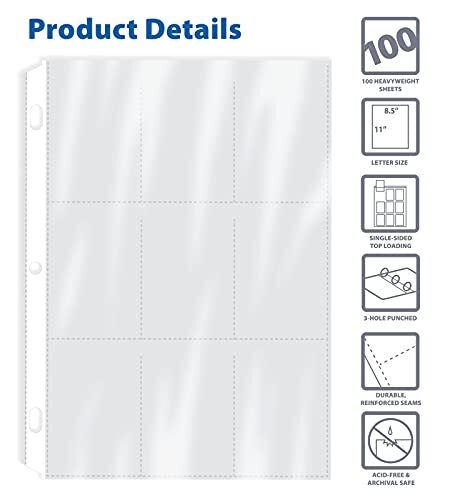 100/Box Clear Heavyweight Trading Card Sleeve Pages, 9 Pockets Per ...