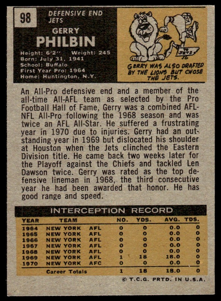 1971 TOPPS GERRY PHILBIN NEW YORK JETS #98A | eBay