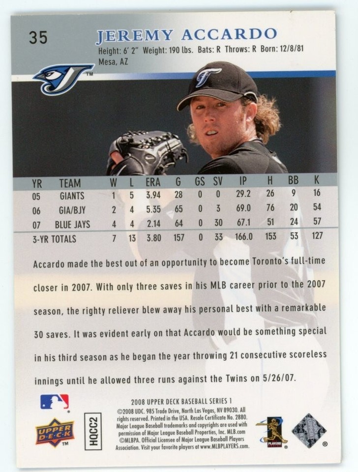 2008 Upper Deck Jeremy Accardo #35 | eBay