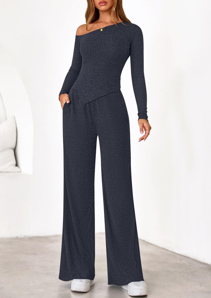 Fall Two Piece Sets For Women 2025 Off Shoulder Tops Long Pants Knit ...