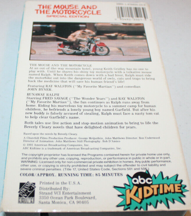The Mouse and the Motorcycle ABC Kidtime Special Edition (VHS) Fred ...