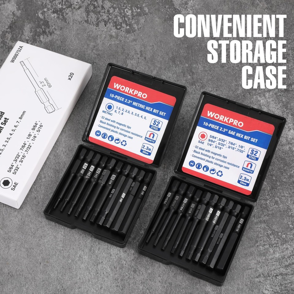 WORKPRO 20pcs Hex Head Allen Wrench Drill Bit Set, CNC Machined S2 Hex ...