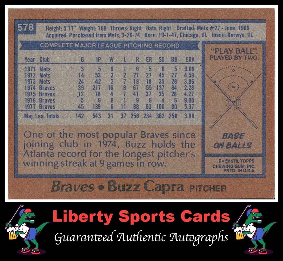 1978 Topps Buzz Capra #578 Authentic Autographed Card Atlanta Braves | eBay