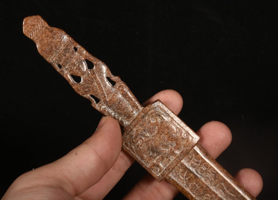 26CM Hongshan Culture Hetian Old Jade Carved People Beast Handle Sword ...
