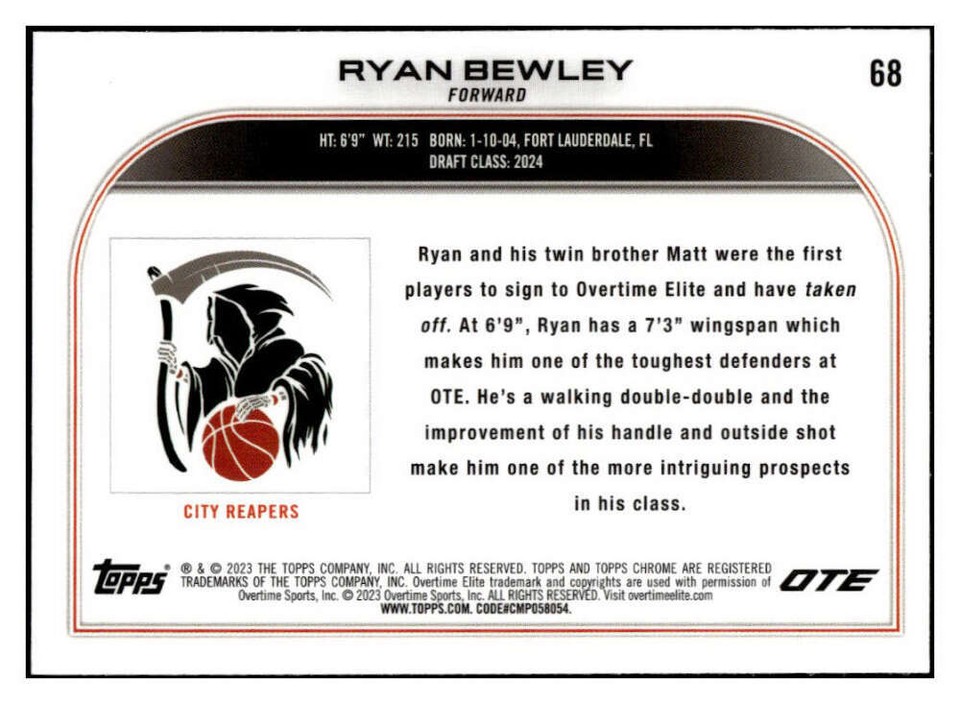 Ryan Bewley RC 2023 Topps Chrome Overtime Elite #68 ROOKIE OTE NBA ID ...