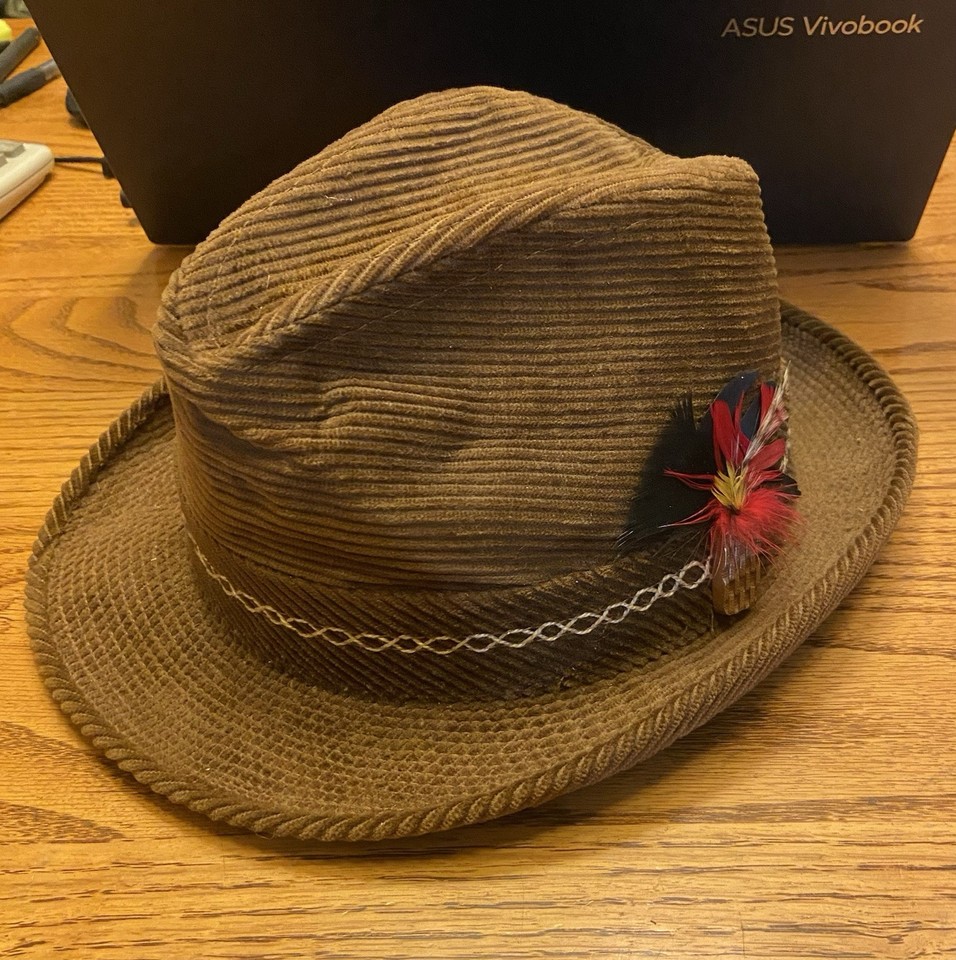 Vintage Fedora Hat Brown Corduroy Style Cap With Feather 7-3/8 Union ...