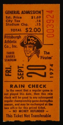 Vintage 9-20-1974 Pittsburgh Pirates Ticket Stub Three Rivers Stadium ...