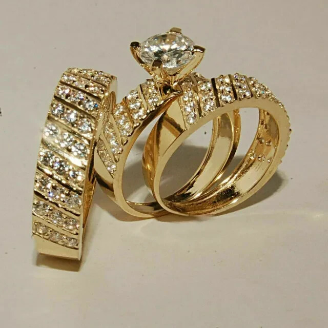 14k Yellow Gold Plated His & Her Trio Ring Set 2.50Ct Round Lab-Created ...