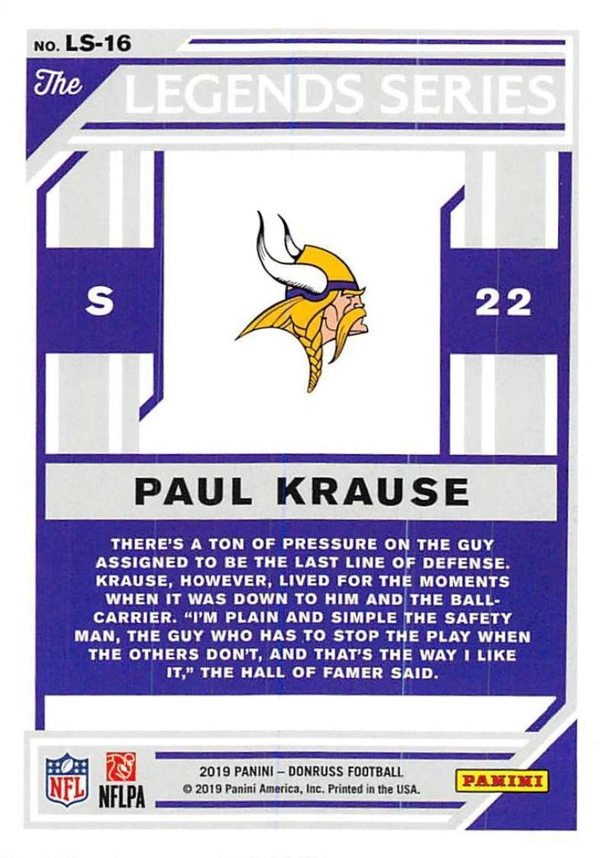 2019 Donruss The Legends Series #16 Paul Krause Minnesota Vikings ...