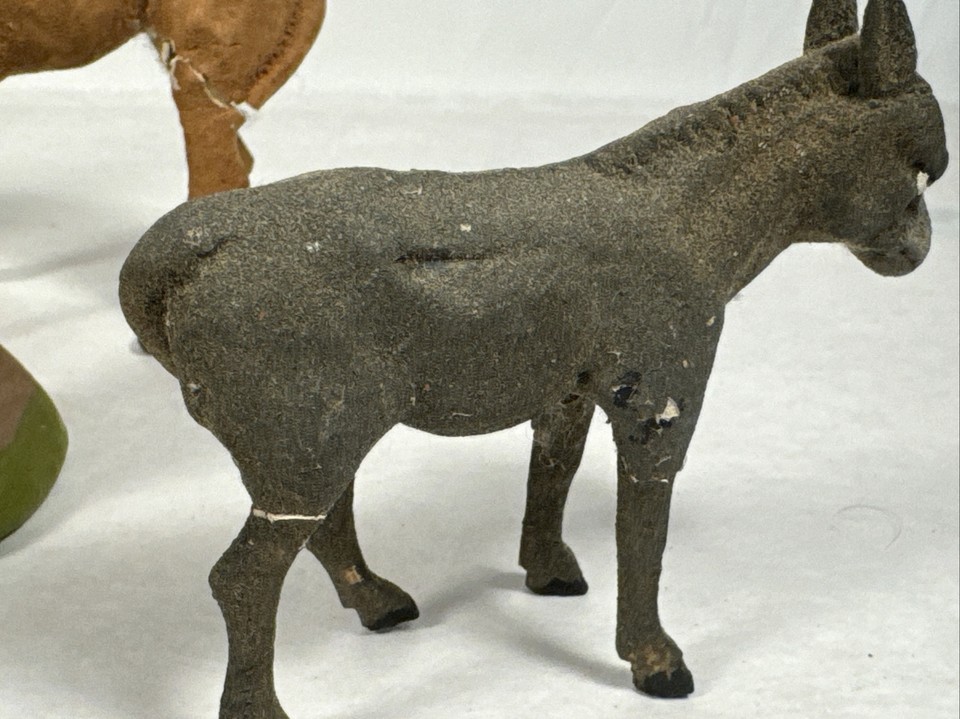 Antique German Putz Nativity 16pc Paper Mache Set Animal's Glass Eyes ...