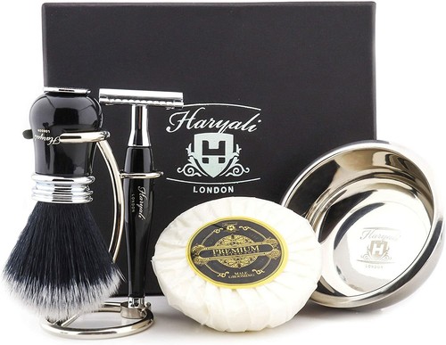 Luxury 5Pc Men Shaving Kit DE Safety Razor with Black Synthetic Brush ...