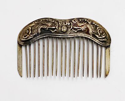 Antique Chinese export silver hair comb Dragons chasing pearl Repousse ...