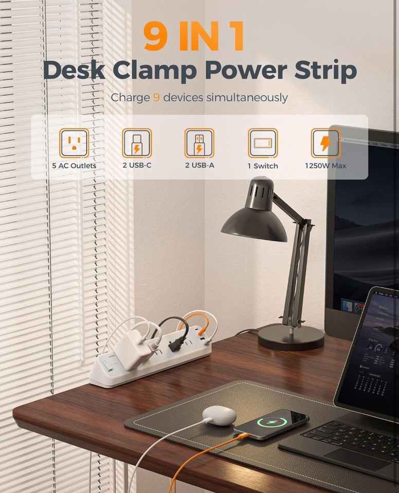 Desk Clamp Power Strip Surge Protector Desk Charging Station 5 Outlet W ...