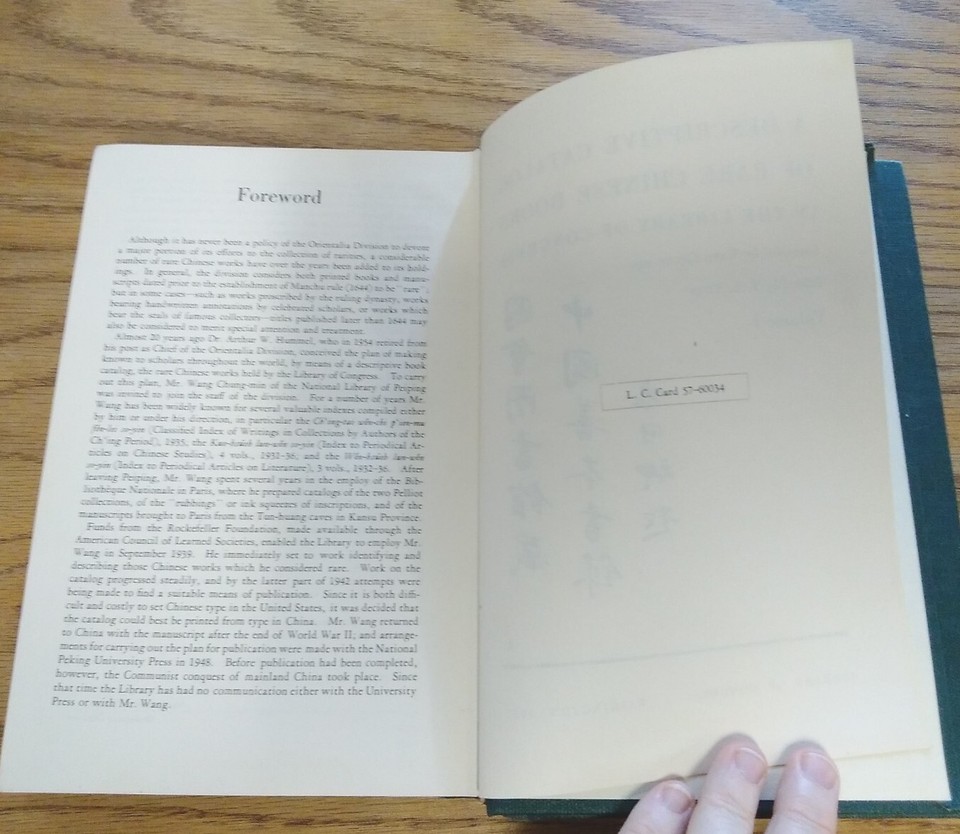 A Descriptive Catalog of Rare Chinese Books in LOC. 2 vols. HB. LOC ...
