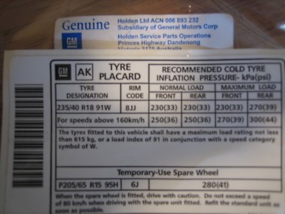 HOLDEN COMMODORE TYRE PLACARD LABEL VY VZ SS 18" WHEELS RIMS GENUINE ...