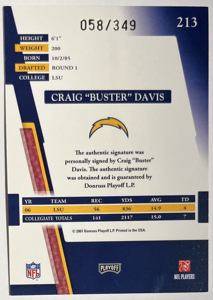 2007 Absolute Memorabilia #213 Craig Buster Davis RC 58/349 - NM-MT ...