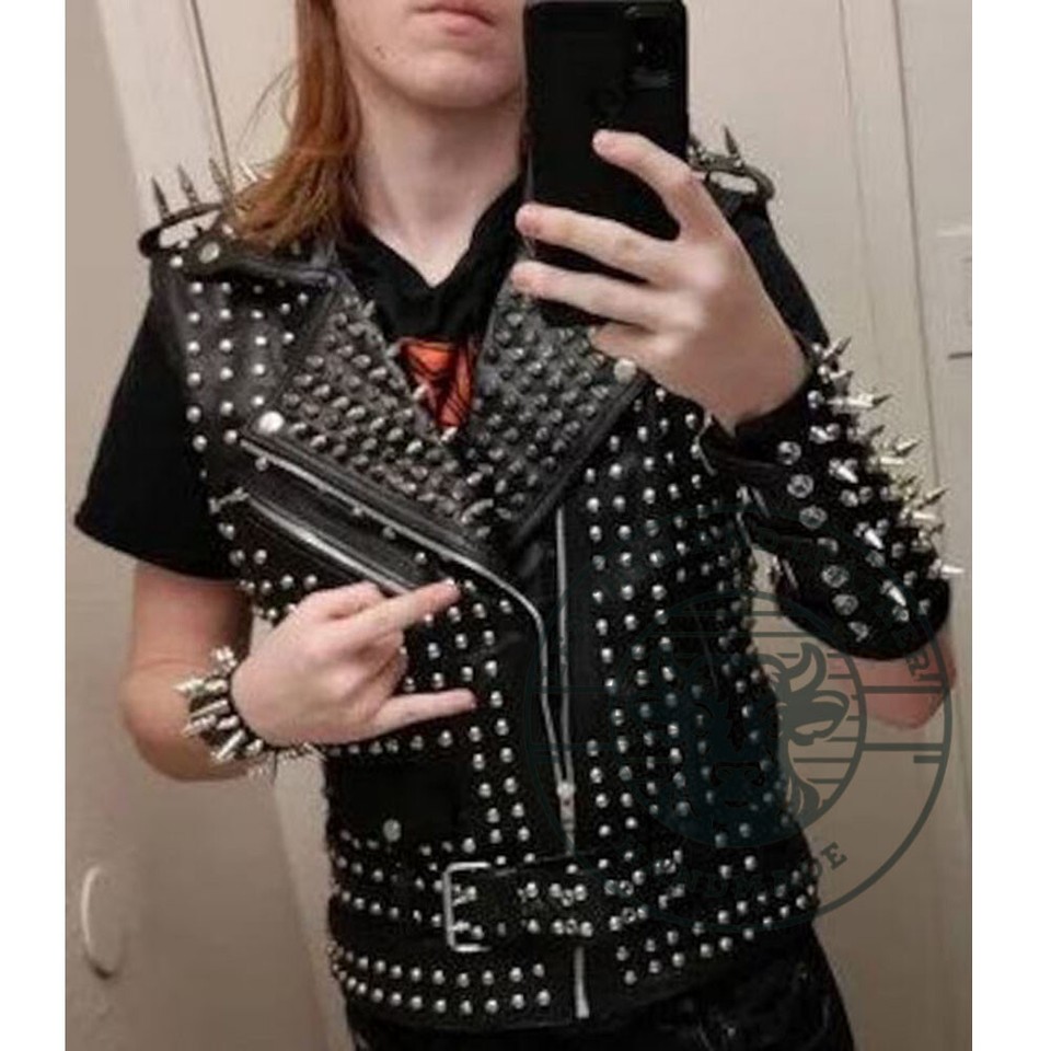 Spiked Studded Men's Vest Jacket, Personalized Belted Style Biker ...