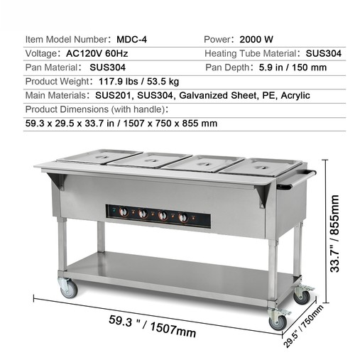 Electric Steam Table 4 Wells Commercial Food Buffet Warmer 4x20.6Qt ...