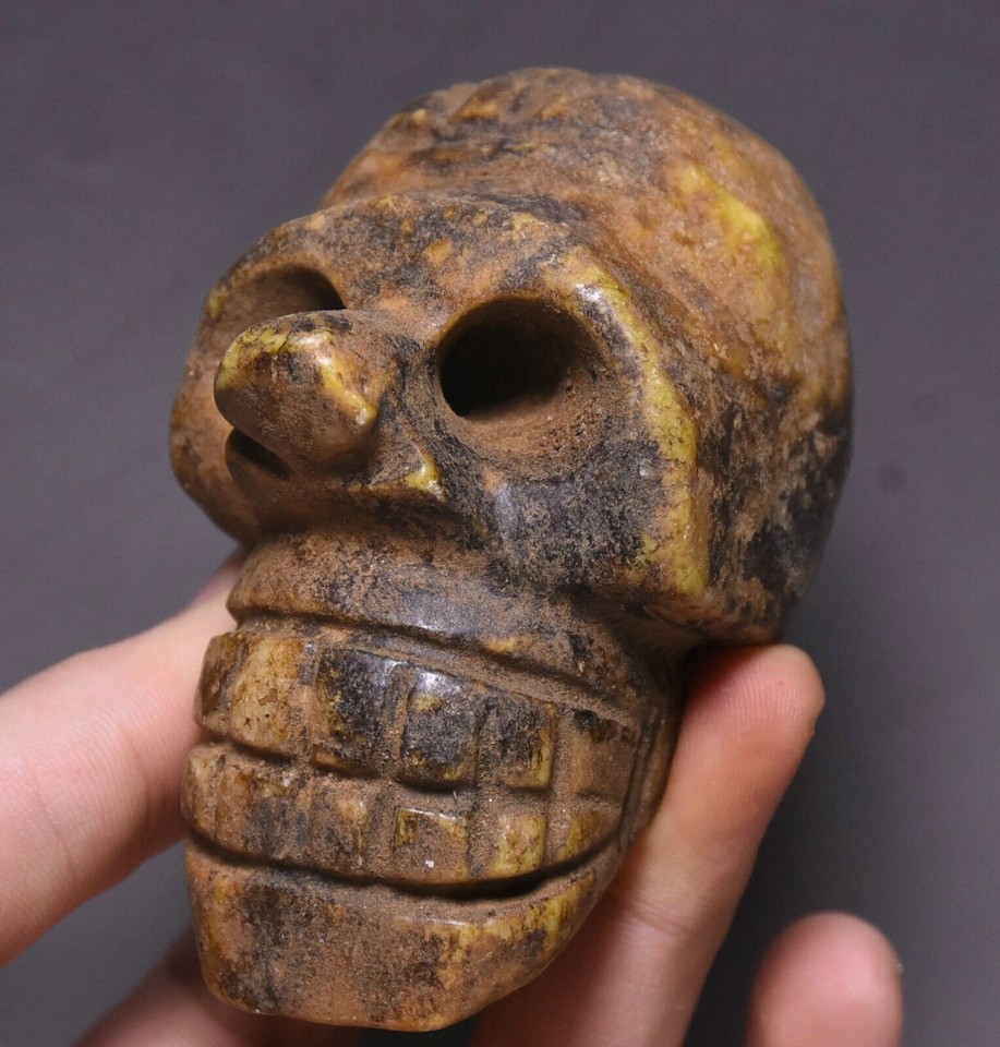 8CM China Hongshan Culture Old Jade Carved Skeleton skull Head Amulet ...