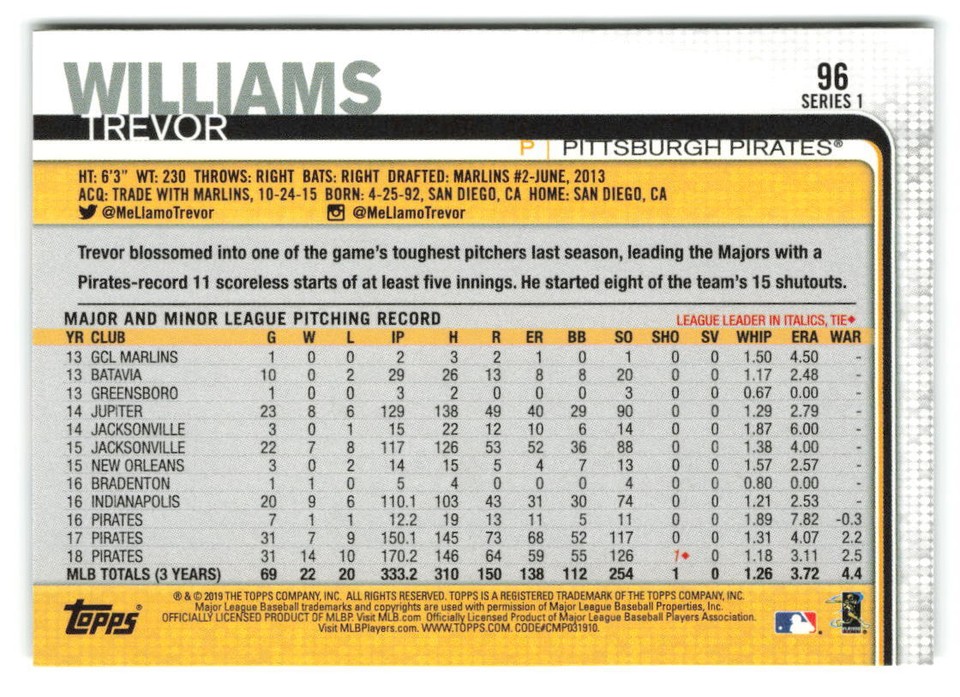 2019 Topps Trevor Williams #96 Pittsburgh Pirates | eBay