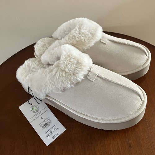 Joyspun Mule Clog Slipper Women's Ivory Suede Faux Fur Platform Slip-On ...