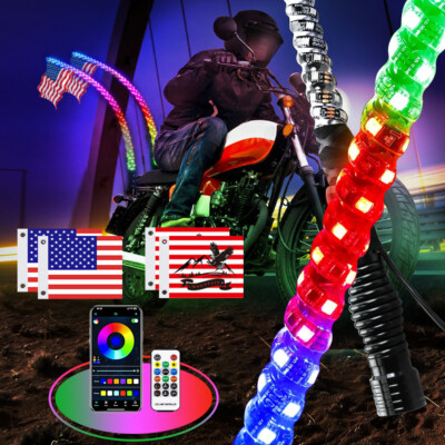 1 Pair 2~4FT RGB Spiral LED Whip Lights Antenna Chase + Flag for ATV ...