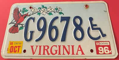1996 Virginia Handicapped License Plate G9678 Red Cardinal | eBay