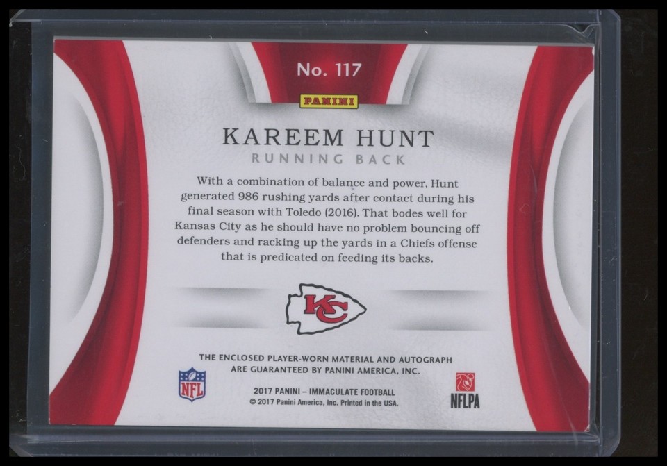 2017 Immaculate Collection Football Kareem Hunt #117 Rookie Patch Auto ...