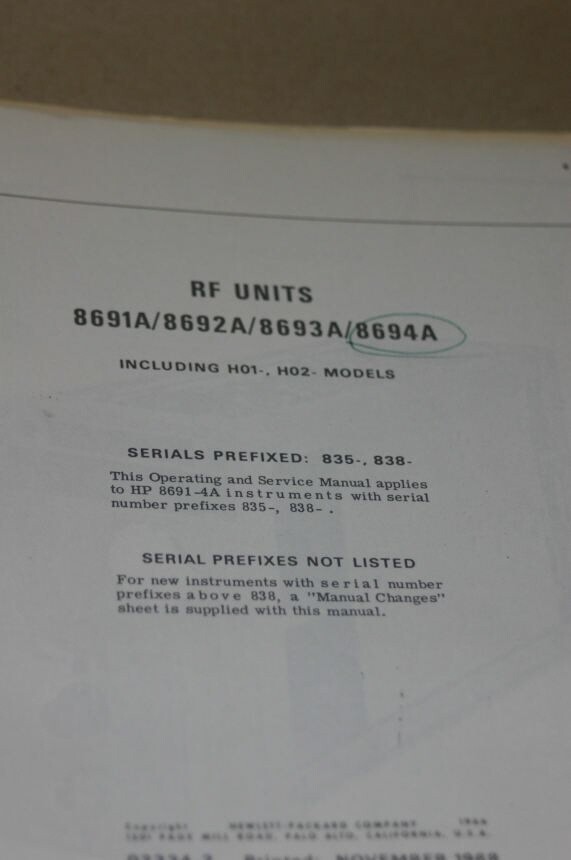 HP Hewlett Packard 8691A/8692A/8693A/8694A RF Units Operating User's ...