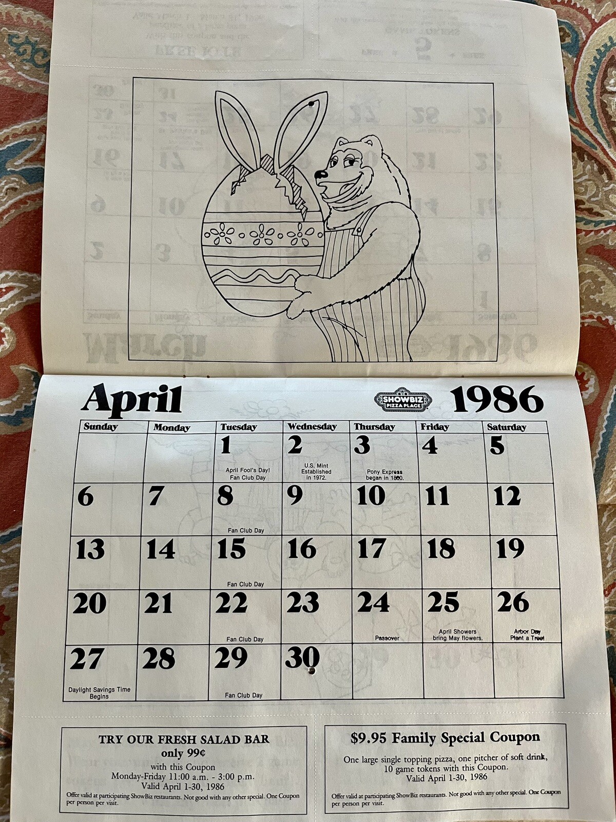 Billy Bob & Chuck E. Cheese 1986 Calendar | eBay