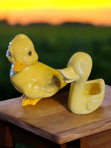 Pair of Ceramic Yellow Ducks Figurine Planter Easter Spring Decor ...