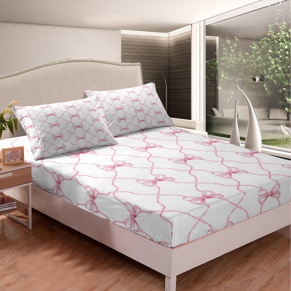 Pink Bow Sheet Set Cute Bowknot Twin Bed Sheets Girls Grids Ribbon Bow ...