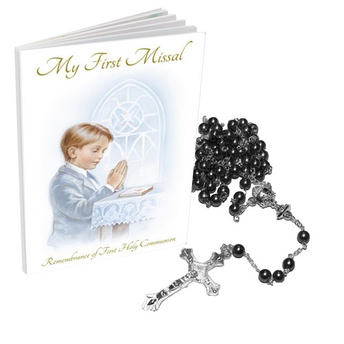 First Holy Communion Boy Missal Book and Charcoal Rosary Bead Gift Set ...