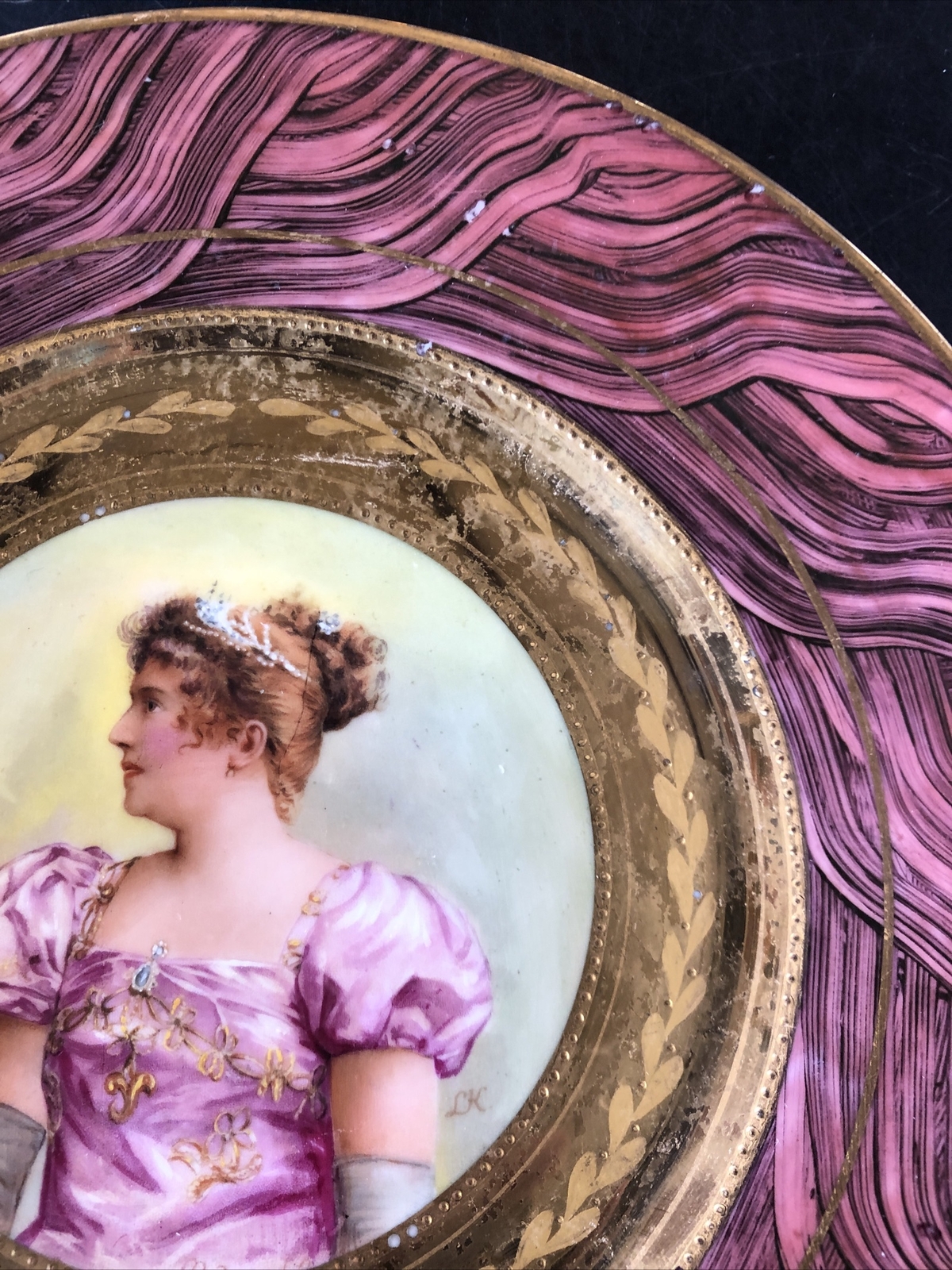 ANTIQUE VIENNA PORCELAIN PORTRAIT PLATE - Pink Victorian Lady Gold ...