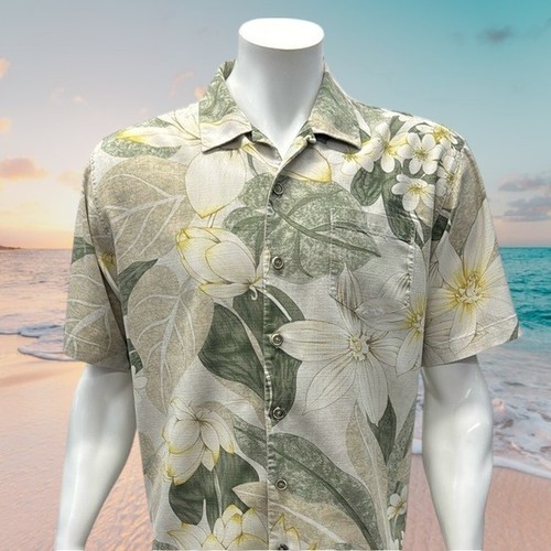 Tommy Bahama 100% Silk Cream Green Yellow Floral Hawaiian Luau Aloha ...